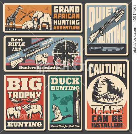 Hunting sport posters, ammunition and animals - Stock Illustration ...