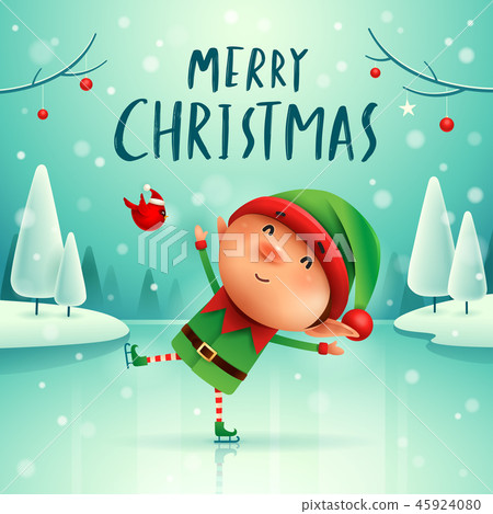 Merry Christmas! Little Elf in the snow scene. - Stock Illustration ...