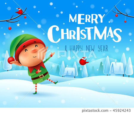 Merry Christmas! Little Elf in the snow scene. - Stock Illustration ...