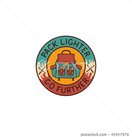Backpacking Logo Emblem. Vintage hand drawn... - Stock Illustration ...
