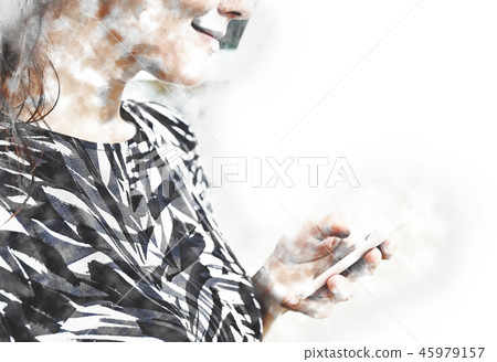 white woman playing mobile phone watercolor paint - Stock Illustration ...