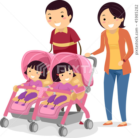 Stickman Family Kids Girls Toddler Twins Stroll - Stock Illustration ...