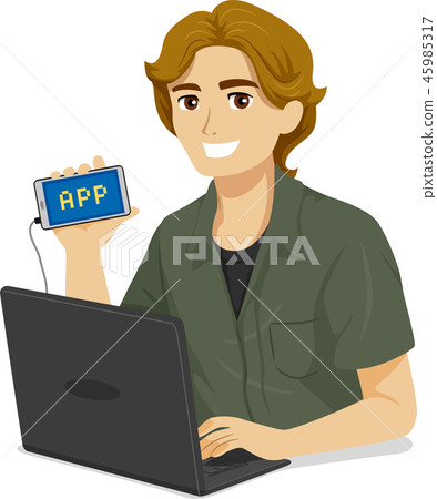 Teen Boy Mobile App Programming Illustration - Stock Illustration ...