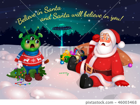 Santa and Alien, Happy New Year, postcard, vector. - Stock Illustration ...