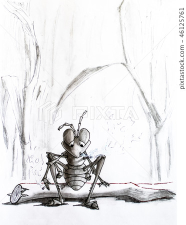 Pencil drawing. A tired ant sat on a log and... - Stock Illustration ...