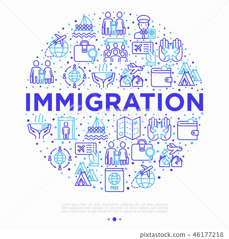 Immigration concept in circle with thin line icons - Stock Illustration ...