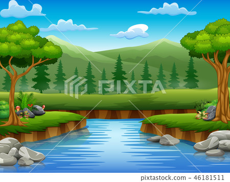 River cartoons in the middle beautiful natural - Stock Illustration ...