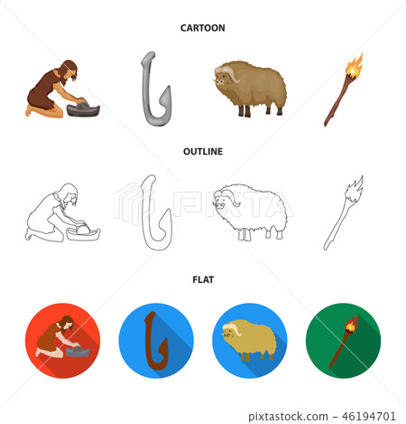 Cattle, catch, hook, fishing .Stone age set... - Stock Illustration ...