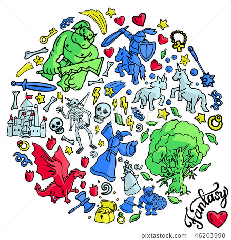 Nice set with funny cartoon fantasy characters - Stock Illustration ...