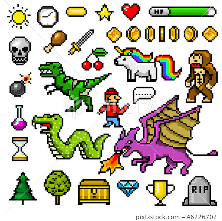 Pixel art 8 bit objects. Retro game assets. Set... - Stock Illustration ...