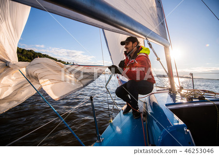Beautiful inspiring shot of action adventure of sailor or captain on ...