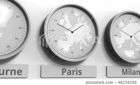 Focus on the clock showing Paris, France time.... - Stock Illustration ...