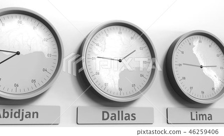 Clock shows Dallas, USA time among different... - Stock Illustration ...