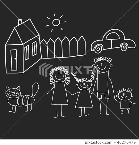 Happy family with house. Kids drawing style... - Stock Illustration ...
