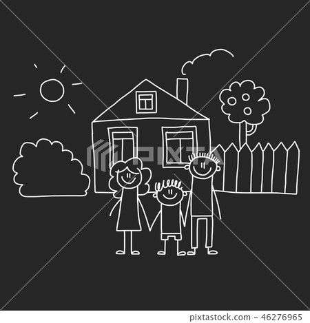 Happy family with house. Kids drawing style... - Stock Illustration ...