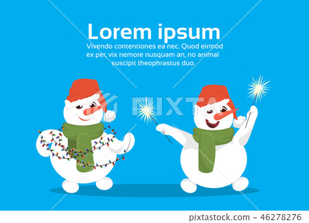 happy snowmen wear red hat hold lights wrapped...-插圖素材 [46278276] - PIXTA圖庫