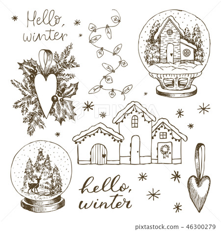 Set of christmas winter elements. Hand drawn... - Stock Illustration ...