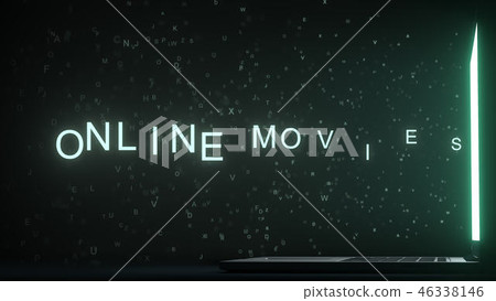 ONLINE MOVIES text appearing near laptop... - Stock Illustration ...