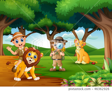 Cartoon of two boy explorer with animals - Stock Illustration [46362926 ...