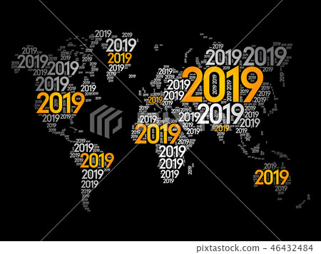 2019 Happy New Year, in shape of World Map - Stock Illustration ...
