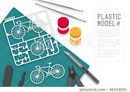 Plastic model with tool kit on cutting mat bicycle - Stock Illustration ...