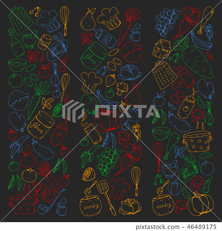 Kitchen and cooking seamless pattern. Icons of... - Stock Illustration ...