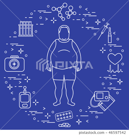 Fat man with medical devices, tools and drugs - Stock Illustration ...