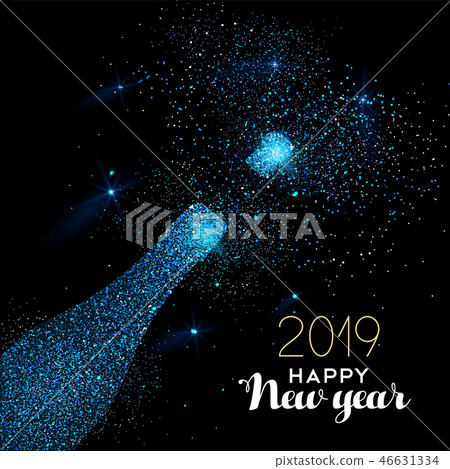 New Year 2019 blue glitter champagne bottle card - Stock Illustration ...