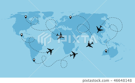 Airplane dotted flight background above world map. - Stock Illustration ...
