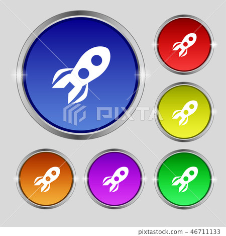 Rocket icon sign. Round symbol on bright colourful - Stock Illustration ...