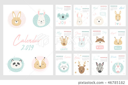 Calendar 2019. Cute monthly pages with animals - Stock Illustration ...
