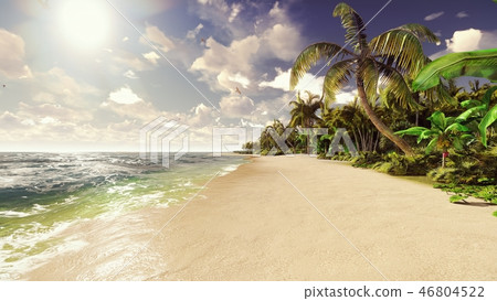 Palm trees on a tropical island with blue ocean...-插圖素材 [46804522 ...
