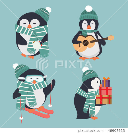 Cute penguin wearing green hat and scarf set - Stock Illustration ...