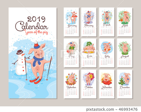 2019 year calendar with cartoon stylized pigs - Stock Illustration ...