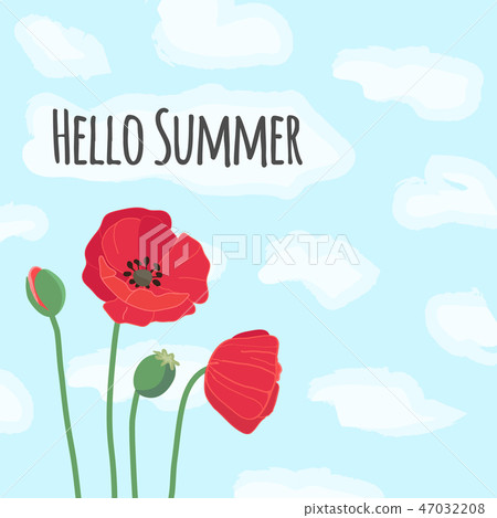 Hello summer text with cute colorful red field... - Stock Illustration ...