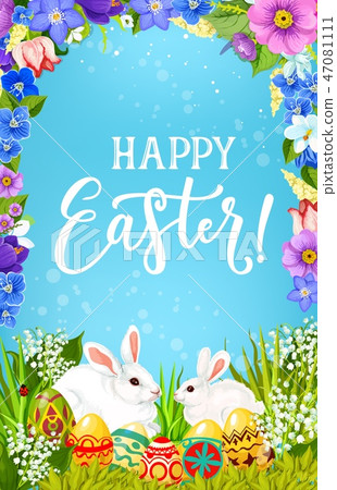 Easter eggs and bunnies in spring flower frame - Stock Illustration ...