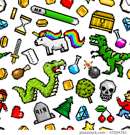 Pixel art 8 bit objects Seamless pattern. Retro... - Stock Illustration ...