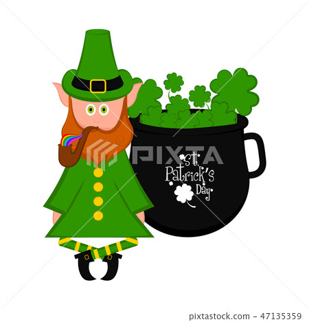 Irish elf with a clovers in a pot - Stock Illustration [47135359] - PIXTA