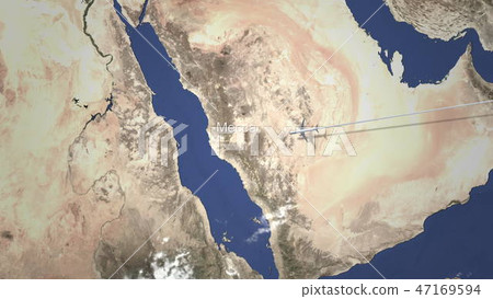Route of a commercial plane flying to Mecca,... - Stock Illustration ...