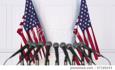 American official press conference. Flags of... - Stock Illustration ...