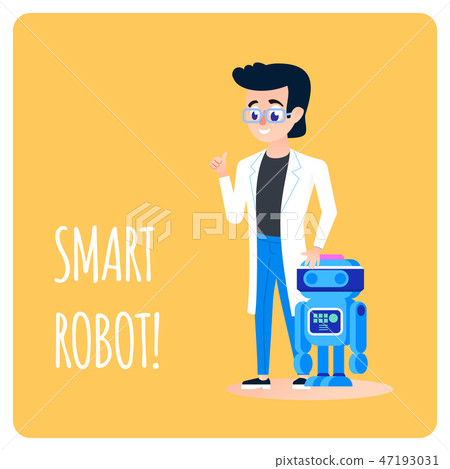 Smart Robot Machine with Human Scientist. Cartoon - Stock Illustration ...