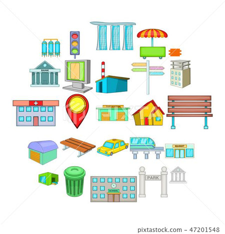 Beautiful city icons set, cartoon style - Stock Illustration [47201548 ...