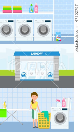 Laundry room banner set, flat style - Stock Illustration [47202797] - PIXTA