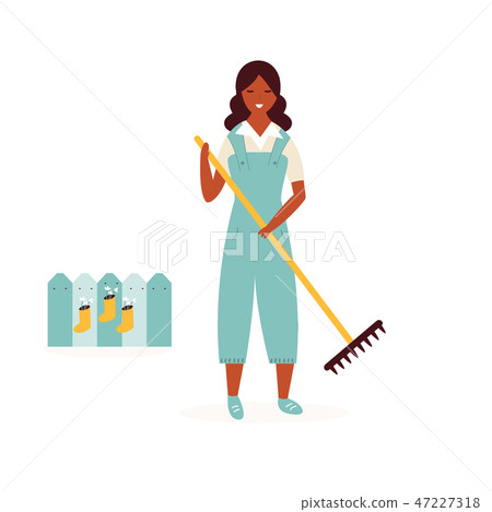 Happy farmer girl with rake cleaning garden. - Stock Illustration ...