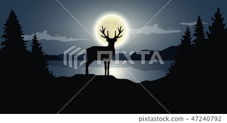reindeer by the lake full moon dark night... - Stock Illustration ...