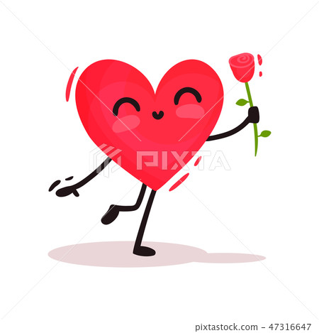 Cute humanized heart holding red rose in hand.... - Stock Illustration ...