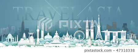 Travel landmarks of Asia with panorama view - Stock Illustration ...