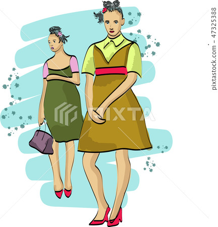 Fast fashion sketch with stylish girls in... - Stock Illustration ...