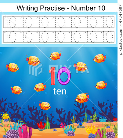 the writing practices number 10 with fish - Stock Illustration ...