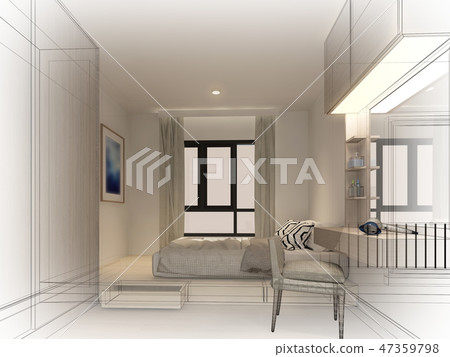 sketch design of interior living room,3d rendering - Stock Illustration ...